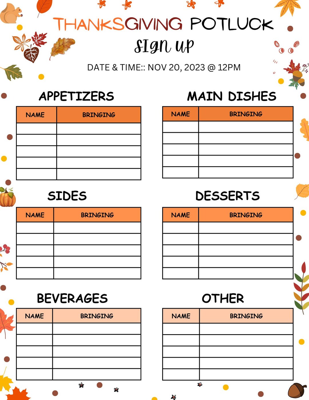 Thanksgiving Potluck Sign-up Sheet | Printable Dinner Organizer ...