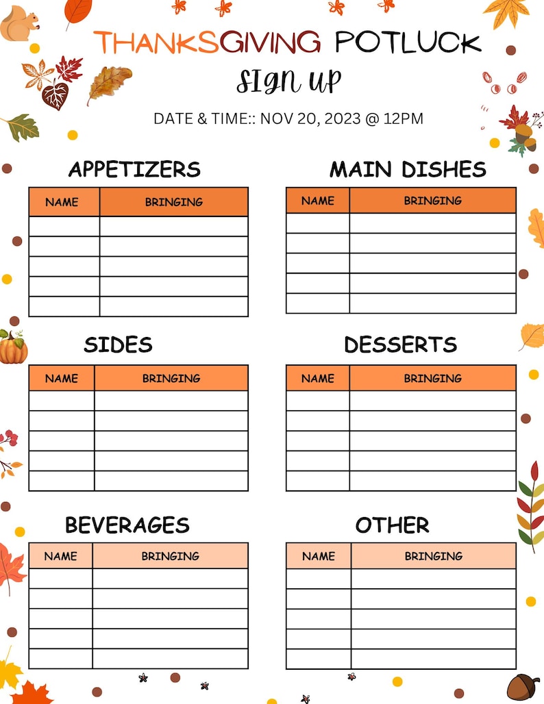 Thanksgiving Potluck Sign-up Sheet | Printable Dinner Organizer ...