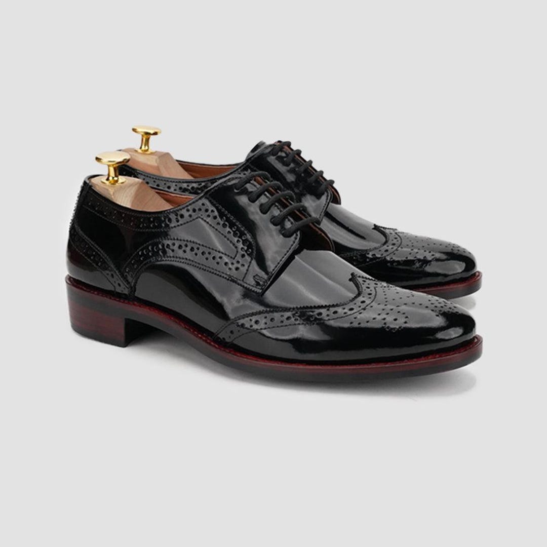 Handmade Patent Leather Wingtip Derby Shoes: Men's Brogue Formal Shoes ...