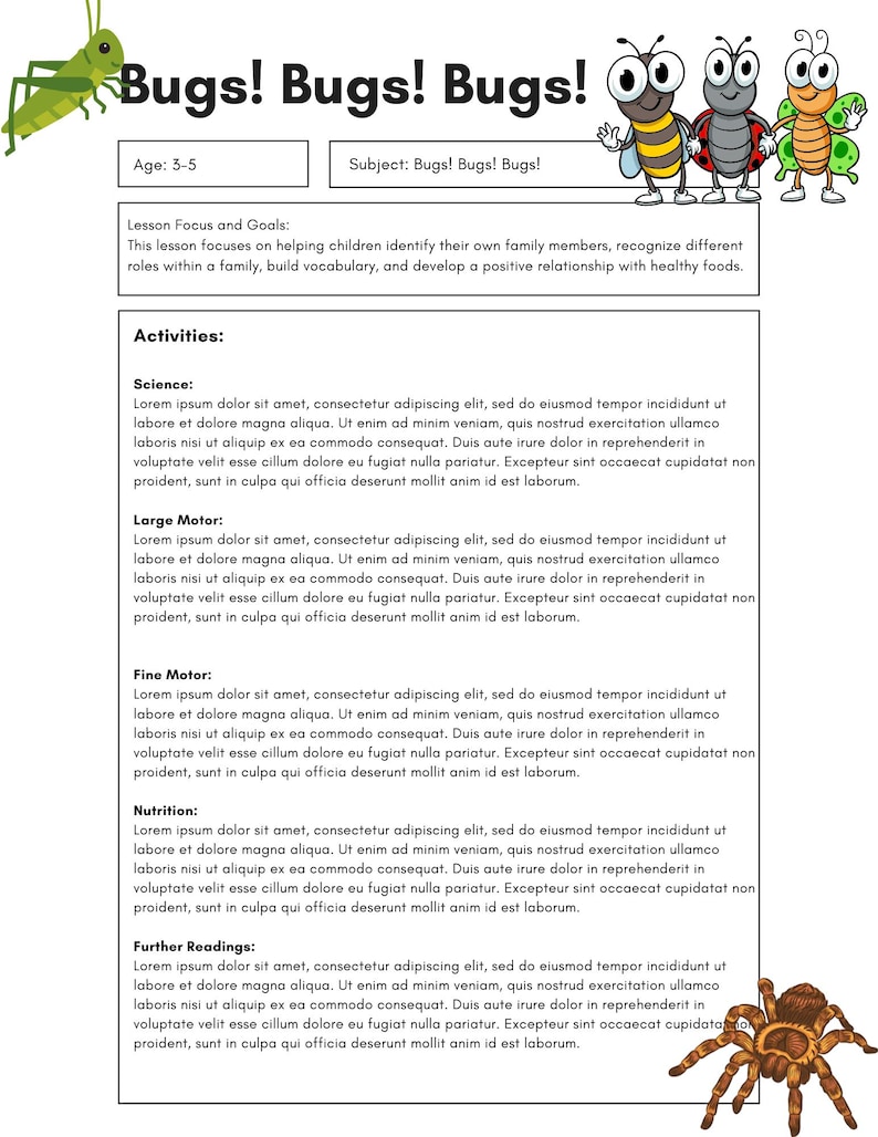 Bugs! Bugs! Bugs! 3-5 Year Old Lesson Plan - Etsy
