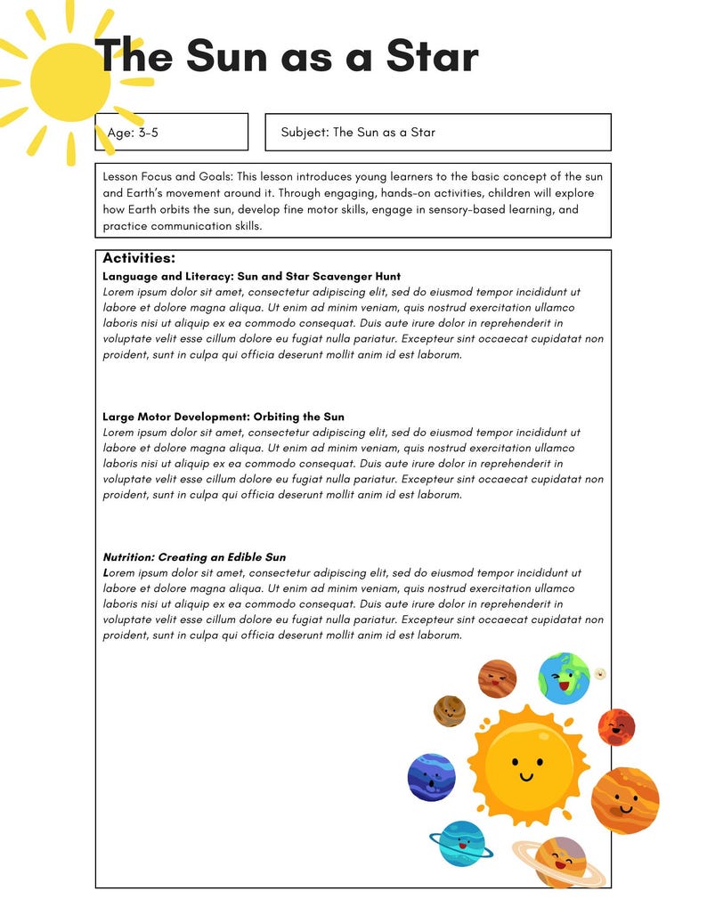 The Sun as a Star Lesson Plan for 3-5 Year Olds PDF - Etsy