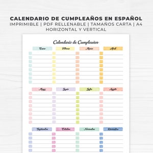 Spanish Birthday Calendar Template: Printable Birthday Reminder (PDF ...