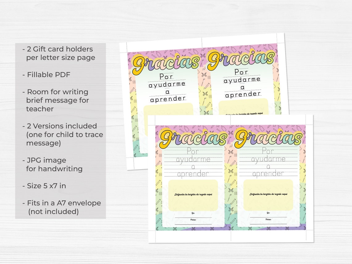 Teacher Appreciation Gift Card Holder in Spanish - Editable, Printable ...