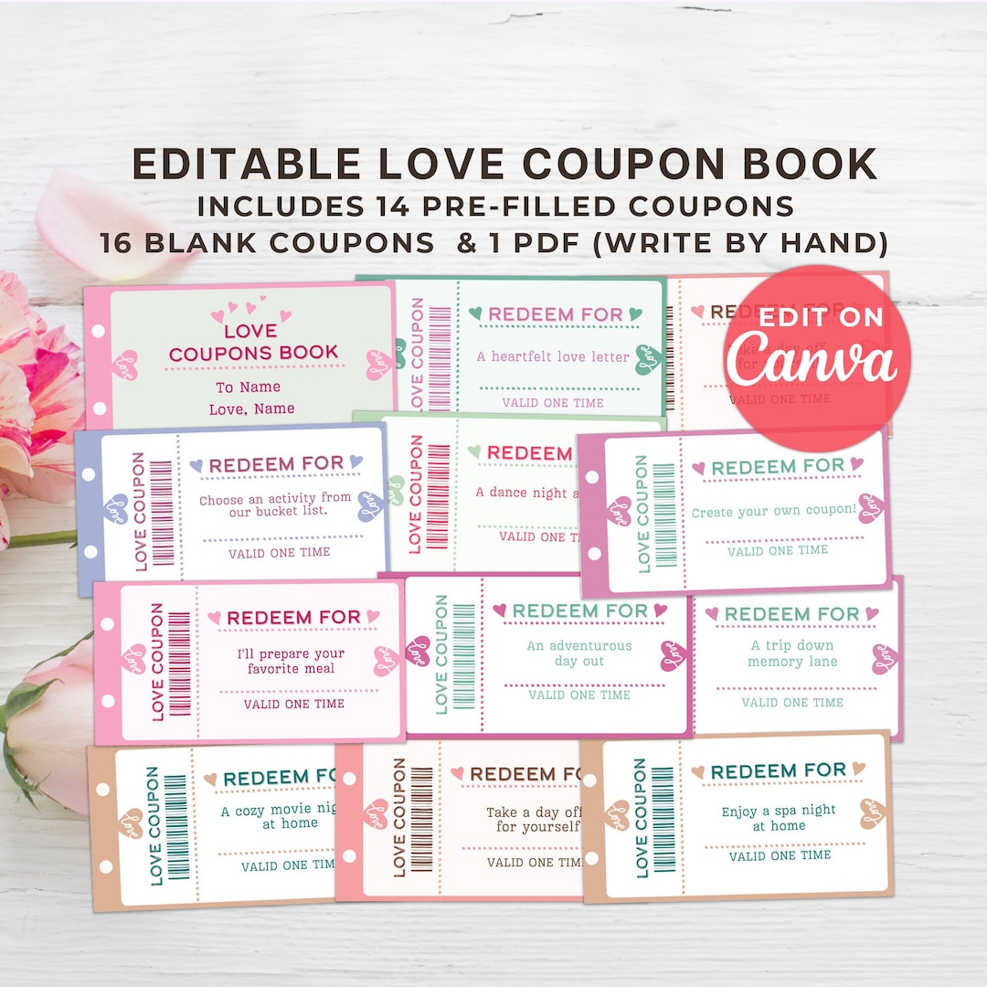 Editable Love Coupons Book, Gift for Him, Gift for Her, Valentine's ...
