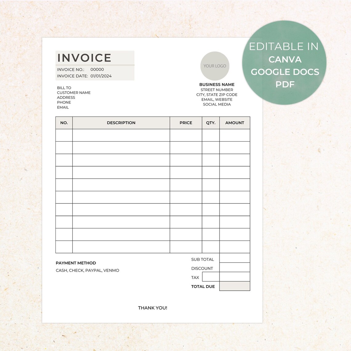 Editable Small Business Invoice Canva Template, Google Docs Invoice ...