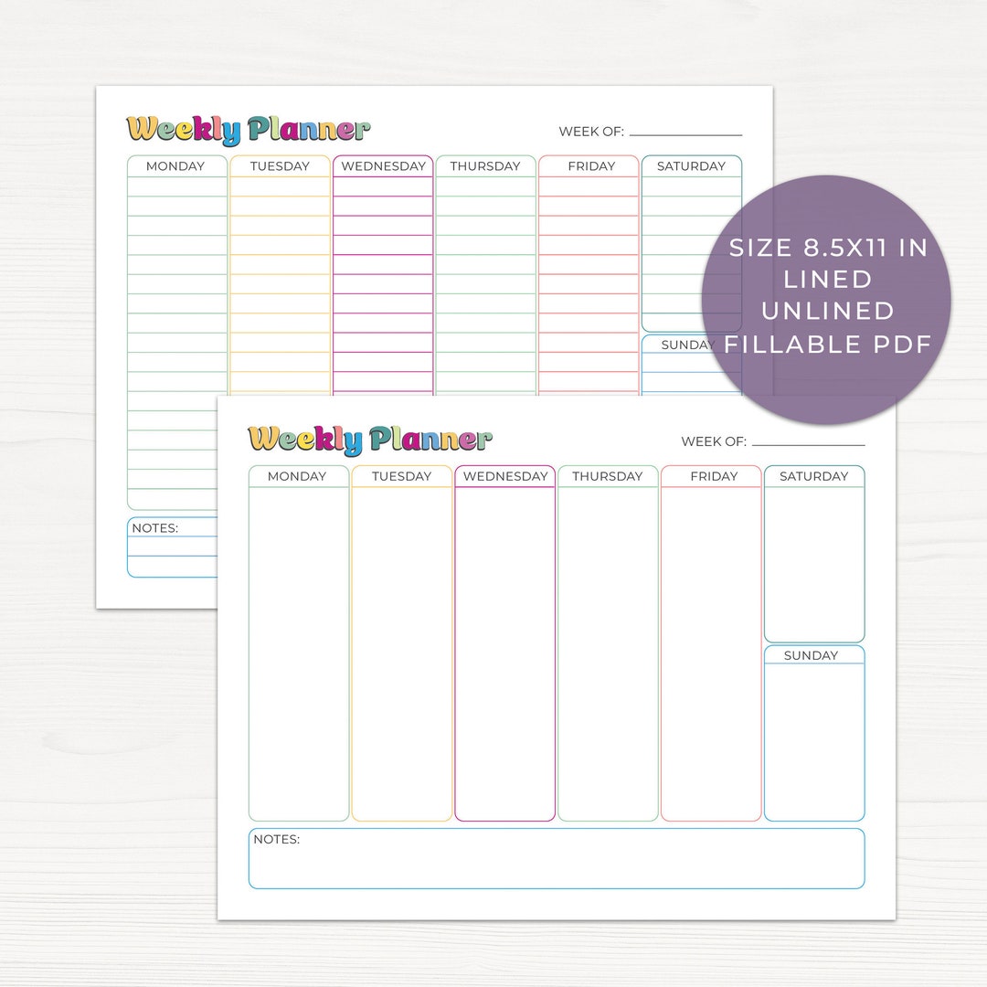 Weekly Planner Printable Fillable PDF, Weekly Schedule for Kids, Family ...