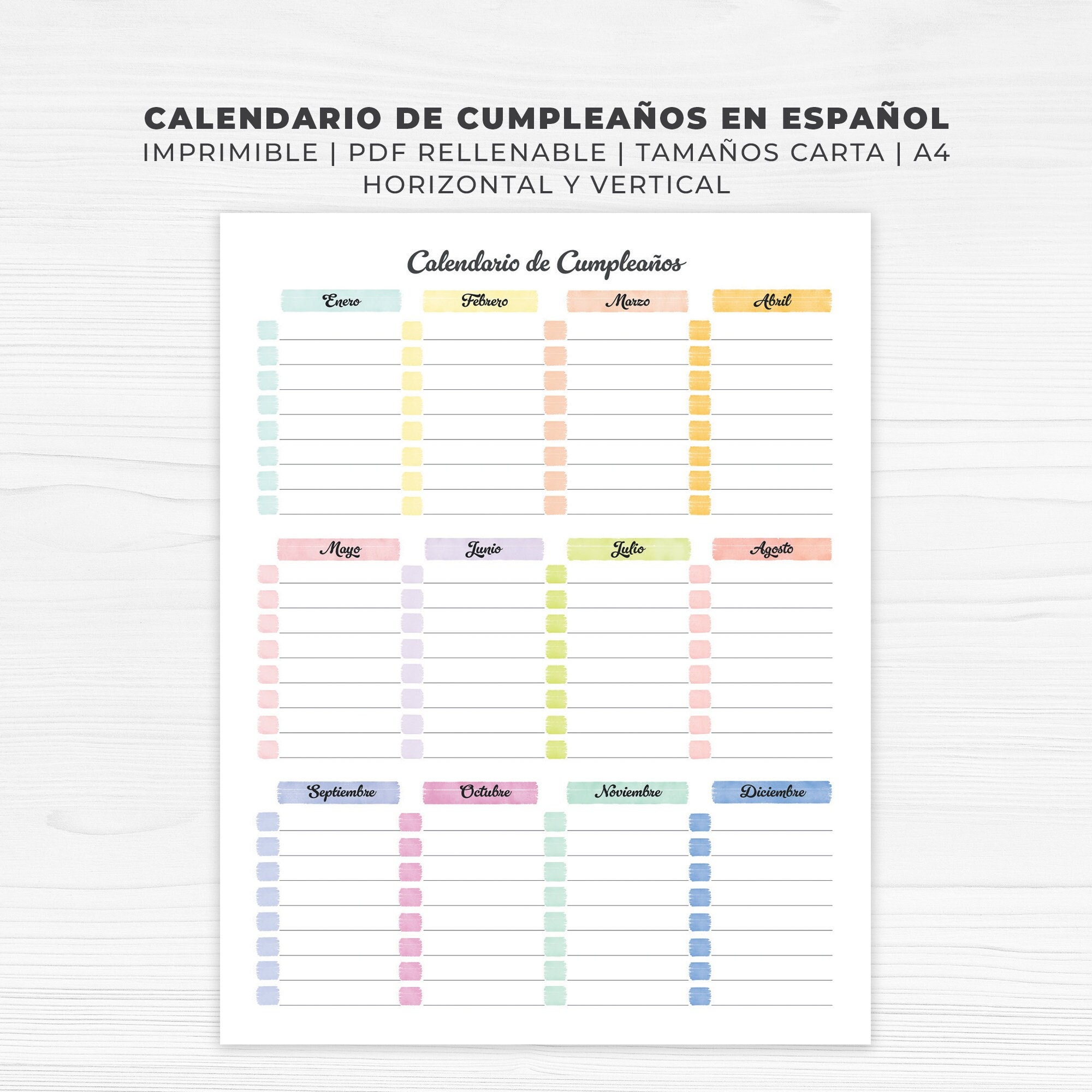 Spanish Birthday Calendar Template: Printable Birthday Reminder (PDF ...