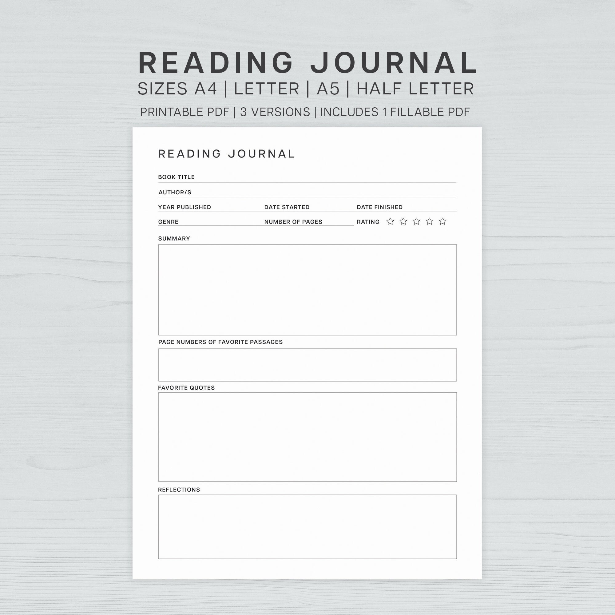 Reading Journal Printable, Fillable PDF Reading Journal, Reading ...