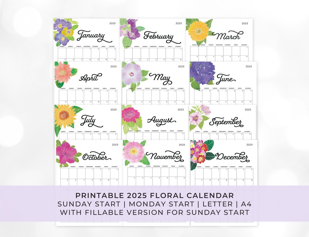 2025 Printable Floral Calendar, Fillable PDF Flower Monthly Calendar ...