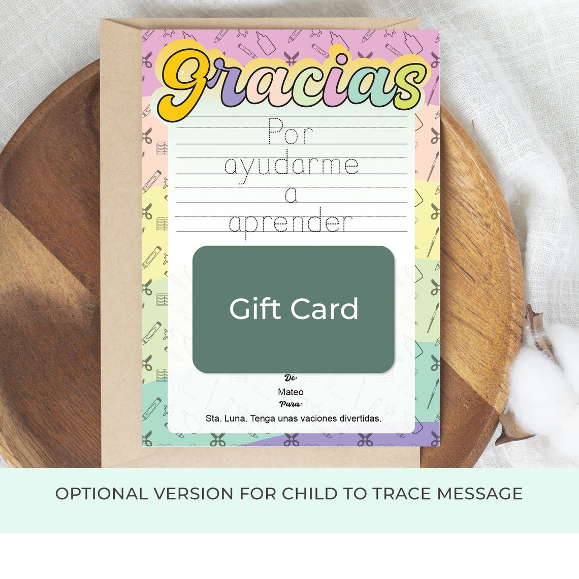 Teacher Appreciation Gift Card Holder in Spanish Editable, Printable ...