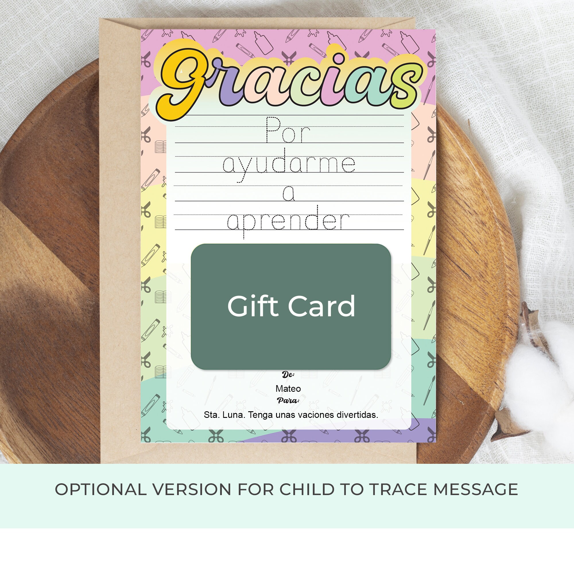 Teacher Appreciation Gift Card Holder in Spanish - Editable, Printable ...