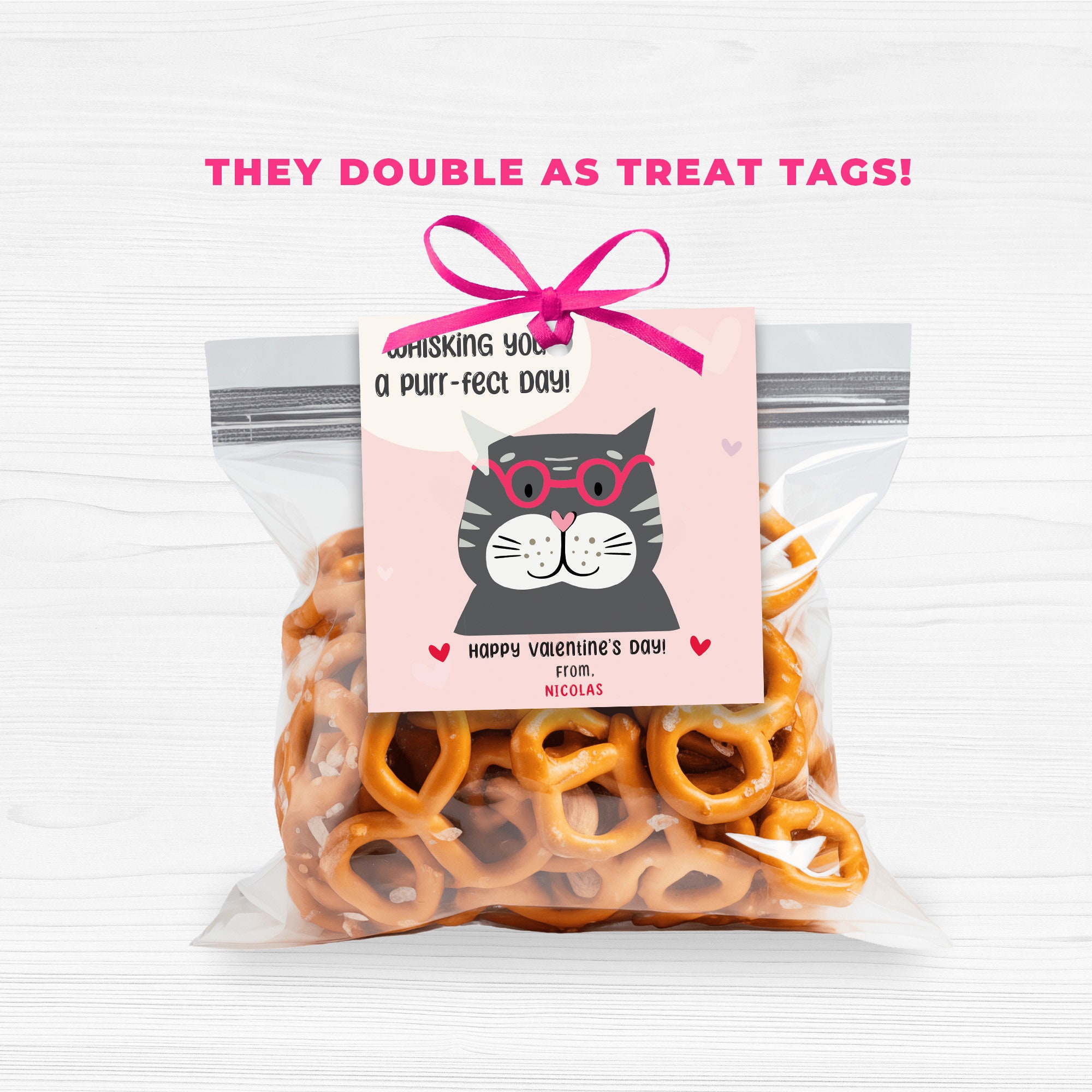 Printable Cat Valentine's Cards for Kids, Treat Tag Set, Fillable ...