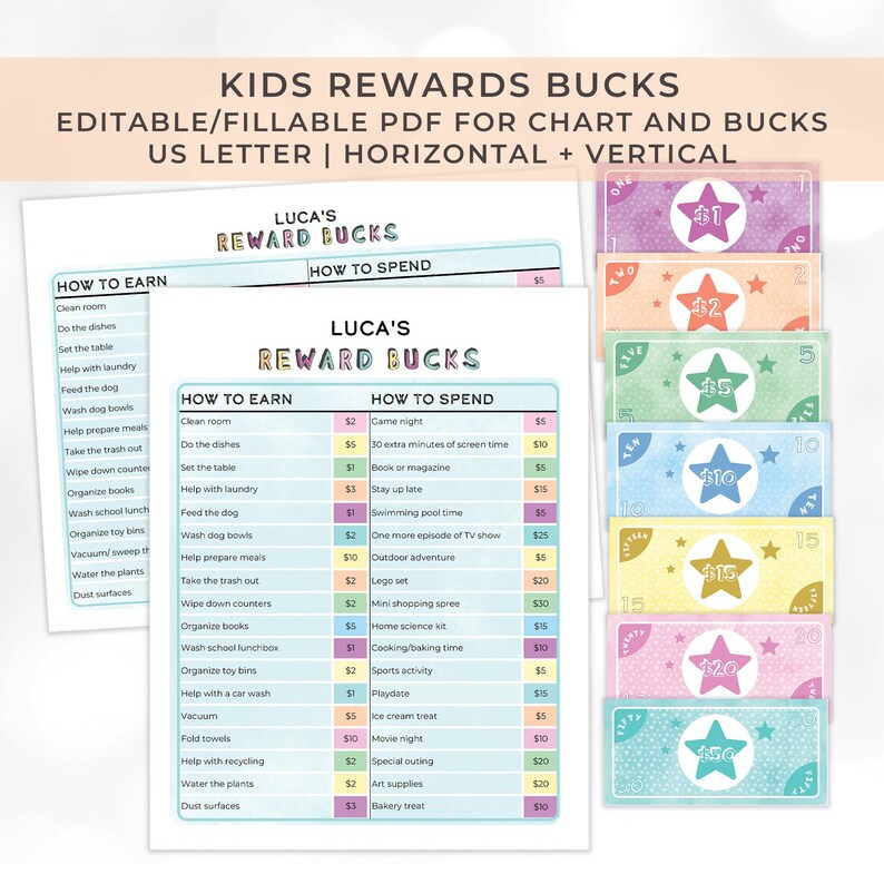 Editable Kids Rewards Bucks With Chore Chart, Editable Play Money ...