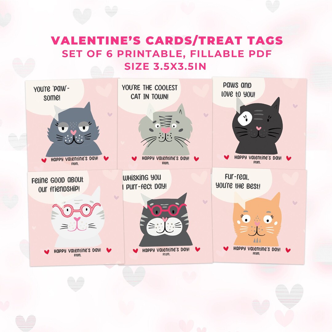 Printable Cat Valentine's Cards for Kids, Treat Tag Set, Fillable ...