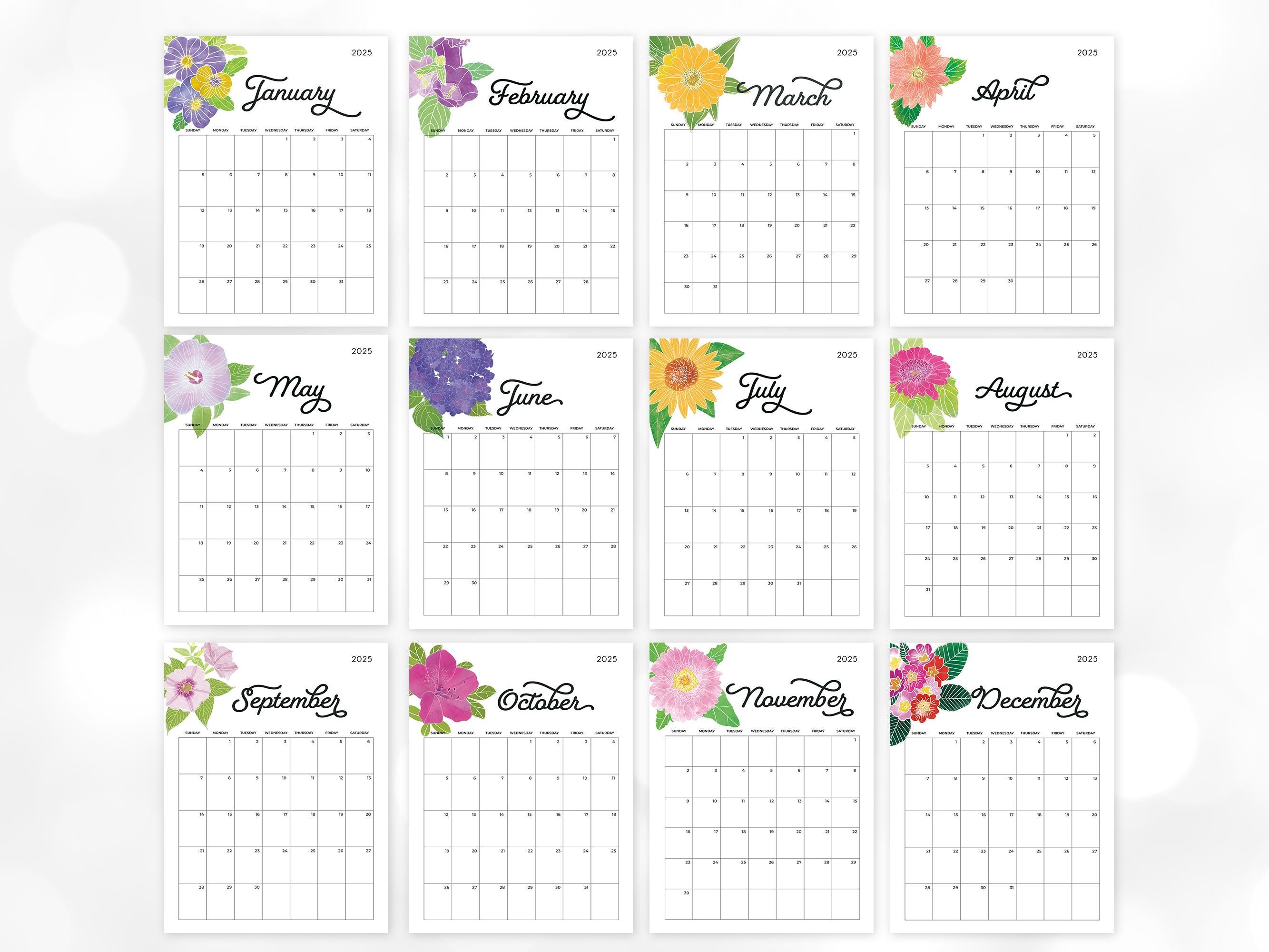 2025 Printable Floral Calendar, Fillable PDF Flower Monthly Calendar ...