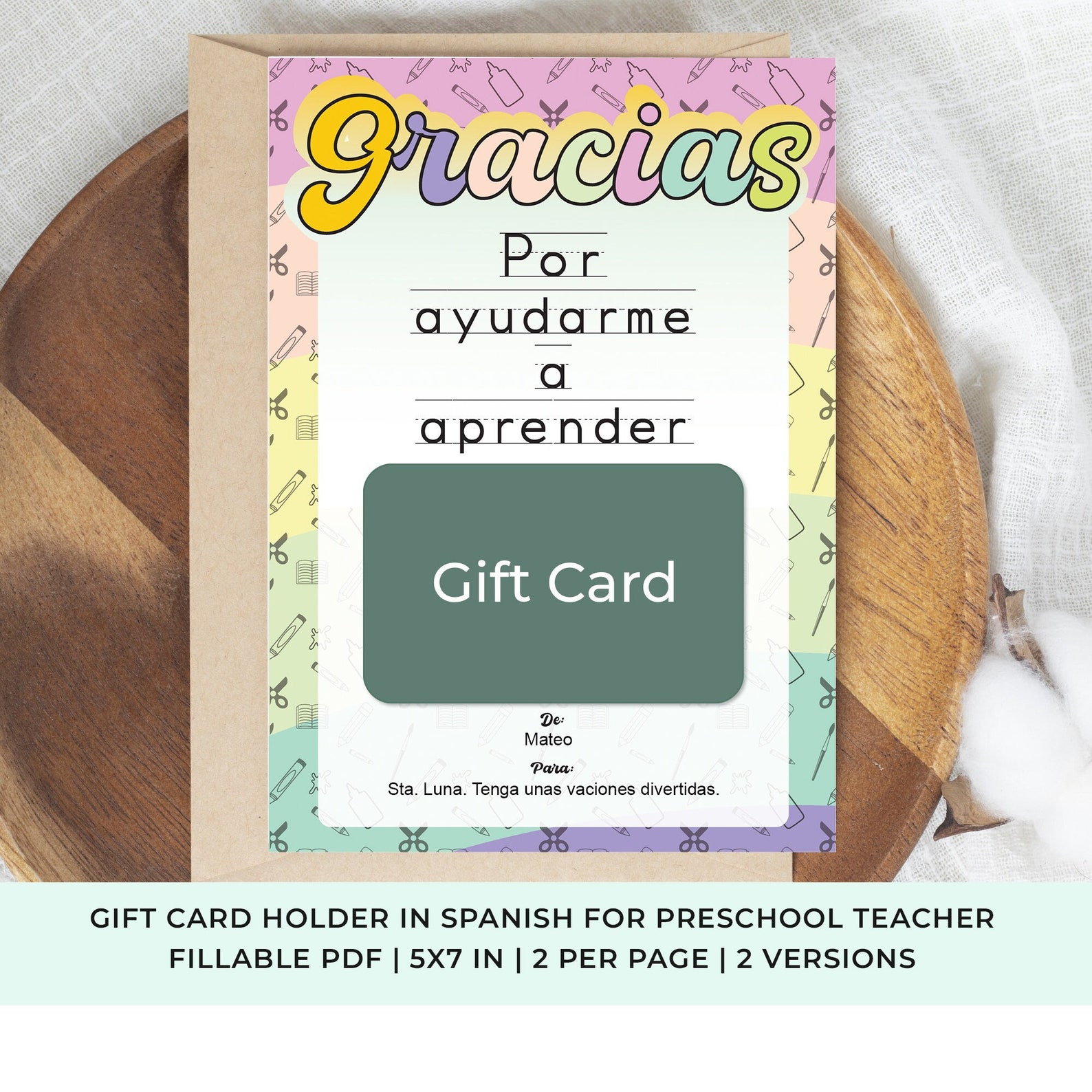 Teacher Appreciation Gift Card Holder in Spanish - Editable, Printable ...