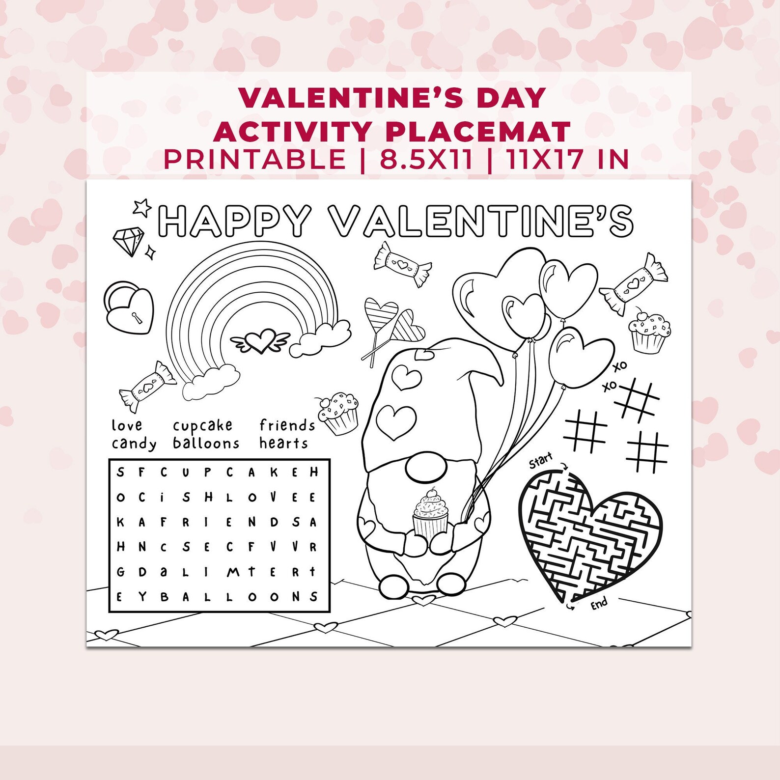 Kids Valentine's Day Activity Placemat, Valentine's Party Coloring ...