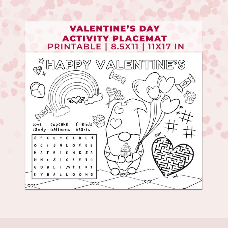 Kids Valentine's Day Activity Placemat, Valentine's Party Coloring ...
