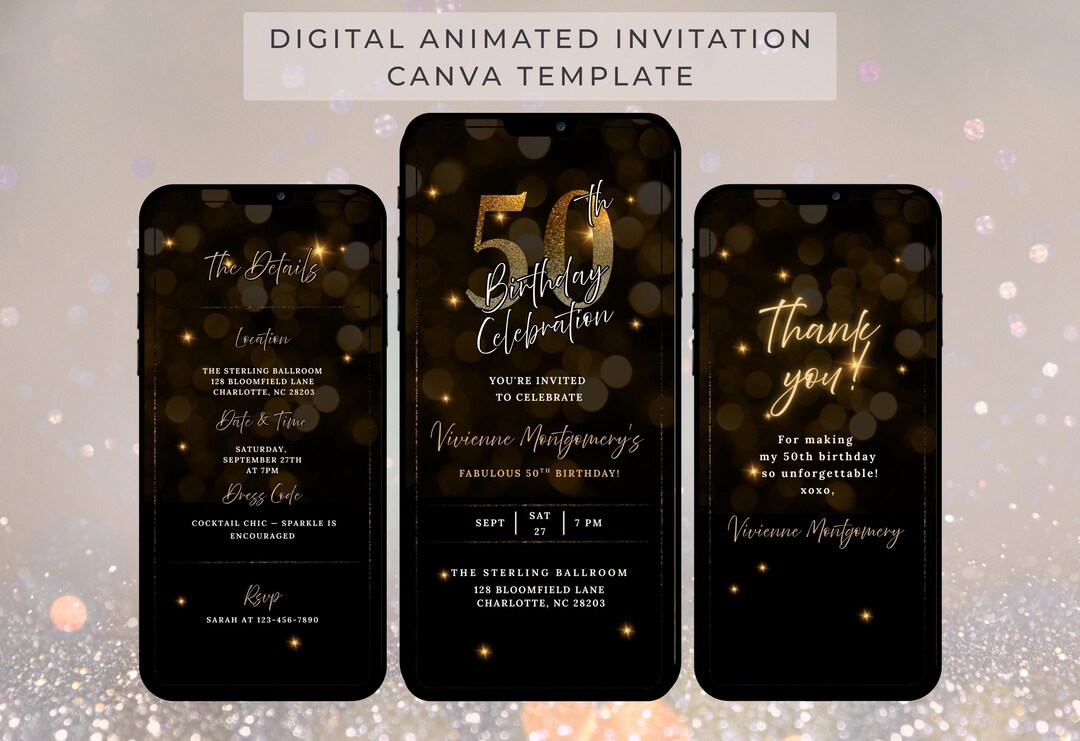 Animated 50th Birthday Invitation: Black and Gold, Editable Template ...