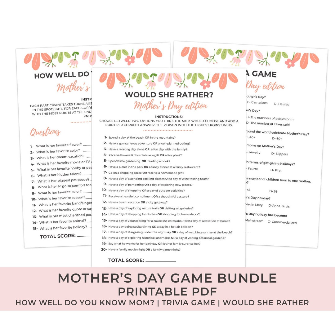 Printable Mothers Day Game Bundle, Would She Rather, Mother's Day ...