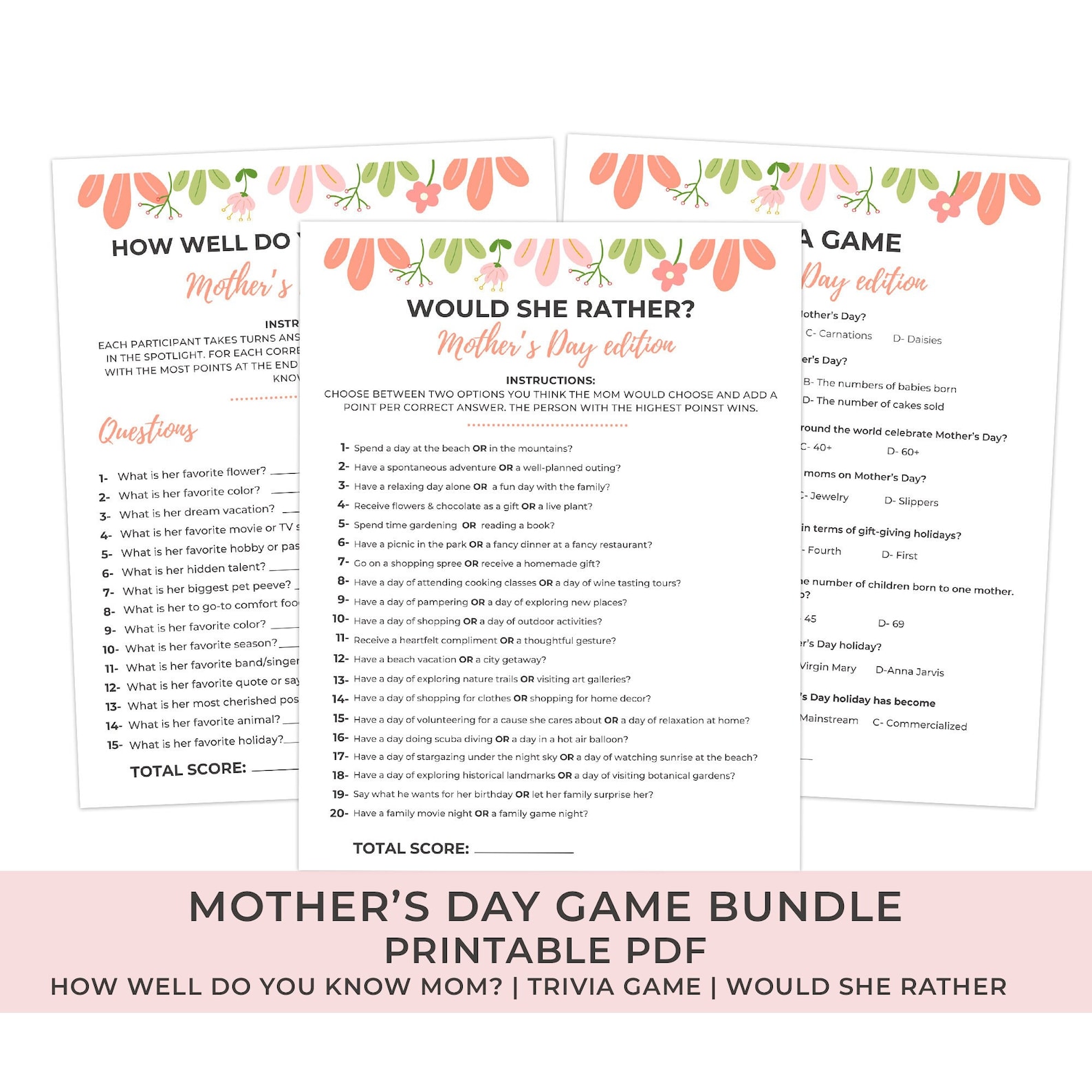 Printable Mothers Day Game Bundle, Would She Rather, Mother's Day ...