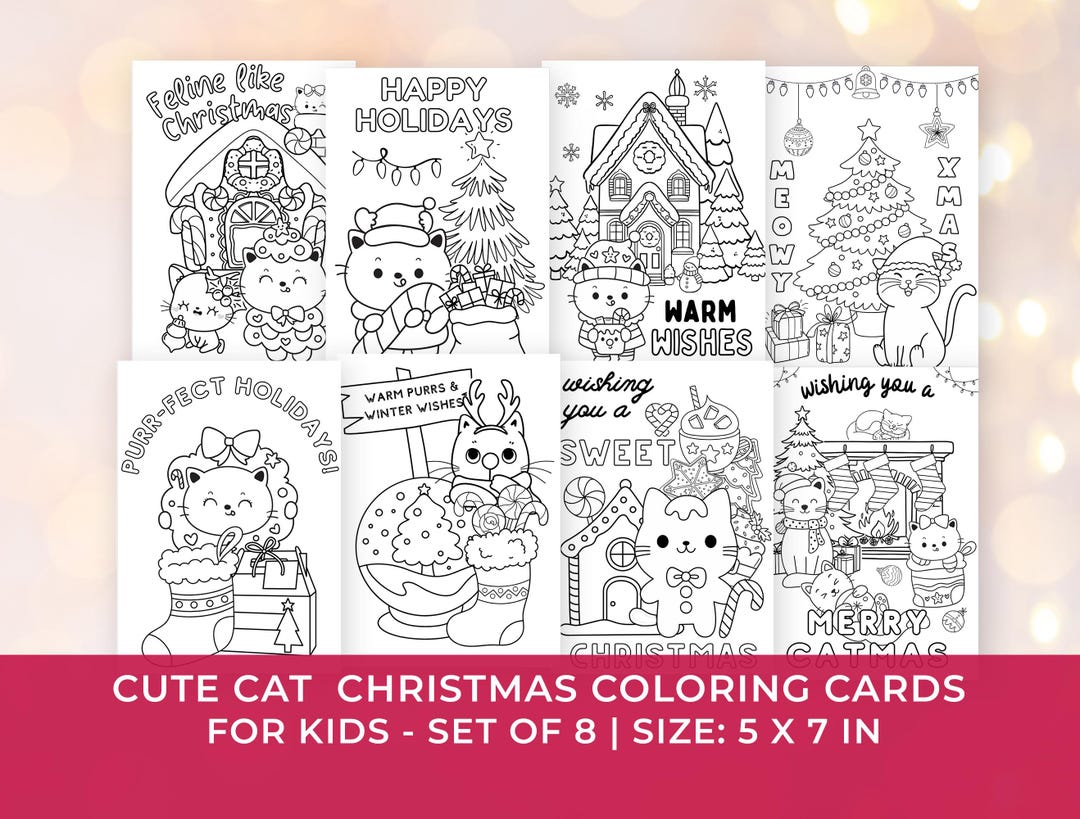 Cute Cat Christmas Coloring Cards- Set of 8, Homemade Cards, Christmas ...