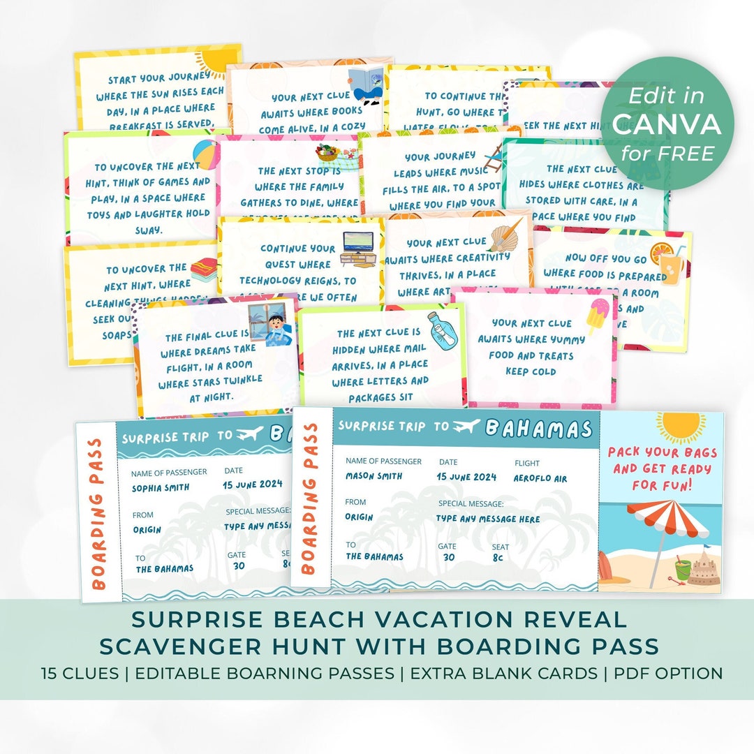 Editable Surprise Beach Trip Reveal Scavenger Hunt and Boarding Pass ...
