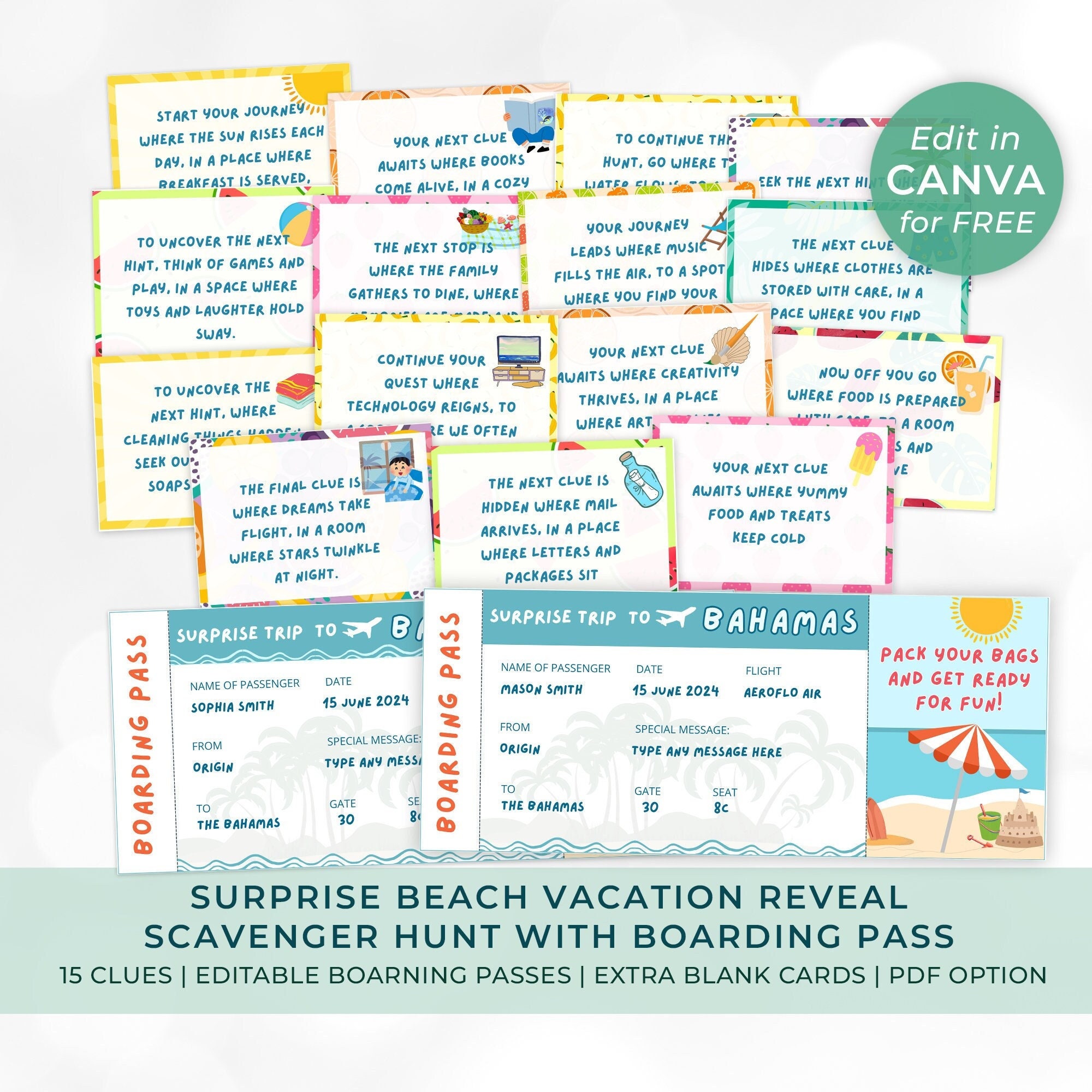 Editable Surprise Beach Trip Reveal Scavenger Hunt and Boarding Pass ...