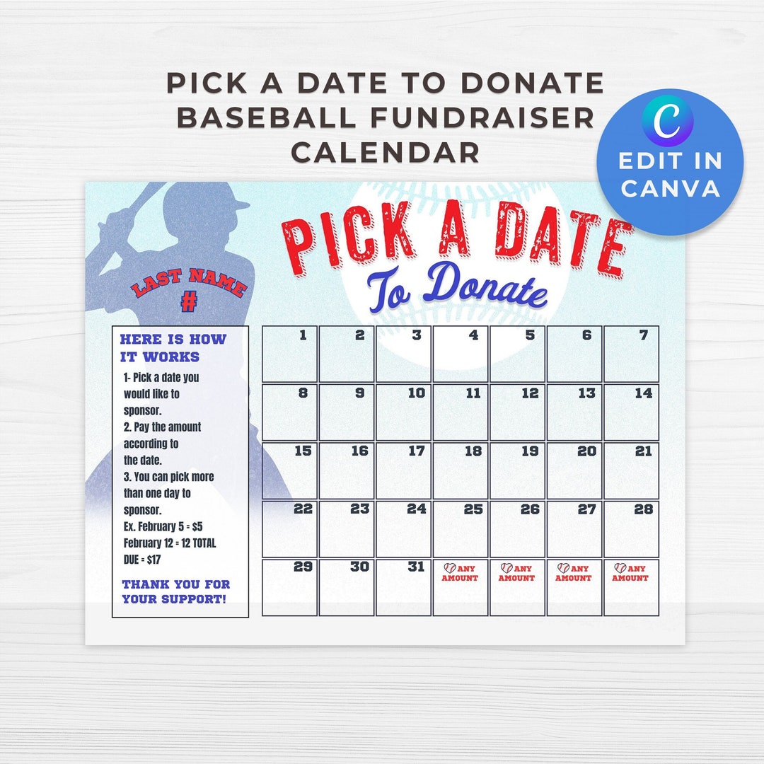 Editable Baseball Calendar Fundraiser, Pick a Date to Donate Baseball ...