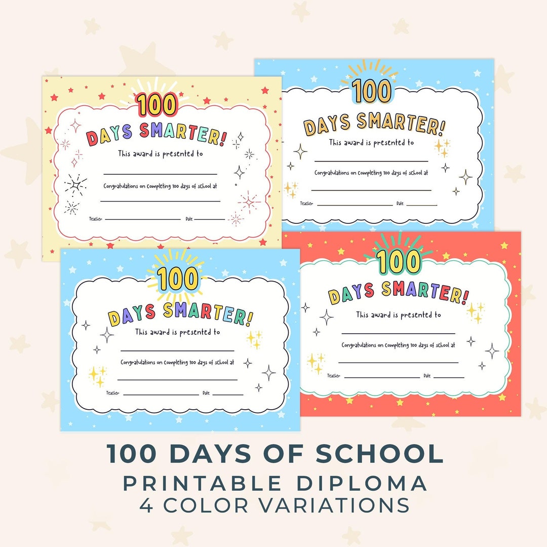 Printable 100 Days of School Certificate, 100 Days Smarter, Teacher ...