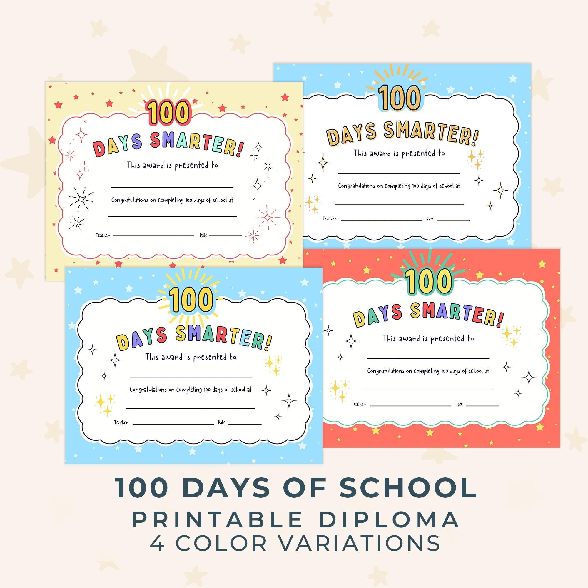 Printable 100 Days of School Certificate, 100 Days Smarter, Teacher ...