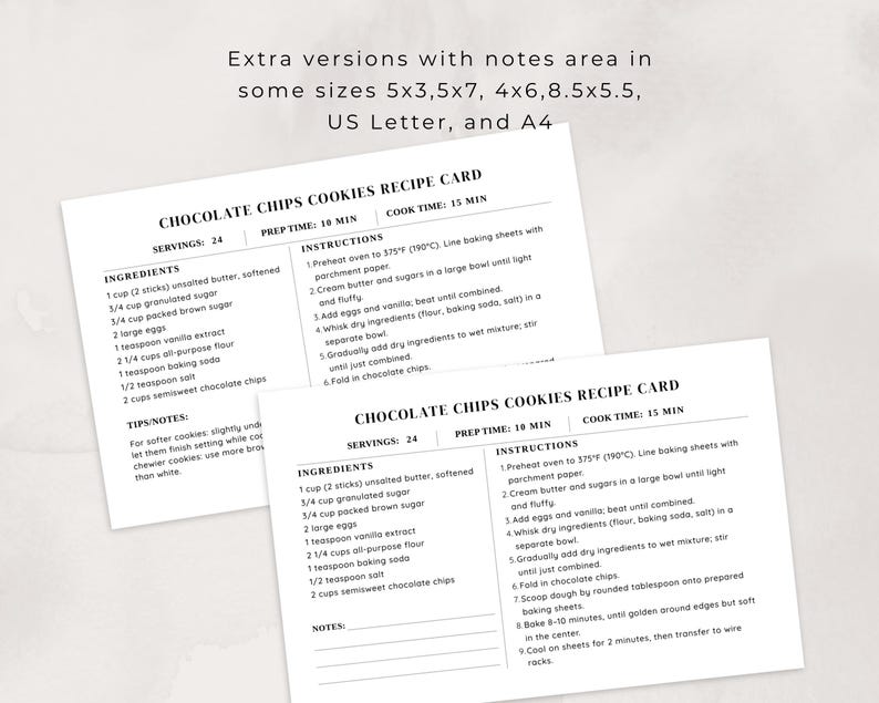 Editable Recipe Card Template: Minimalist Design, Multiple Sizes (PDF ...