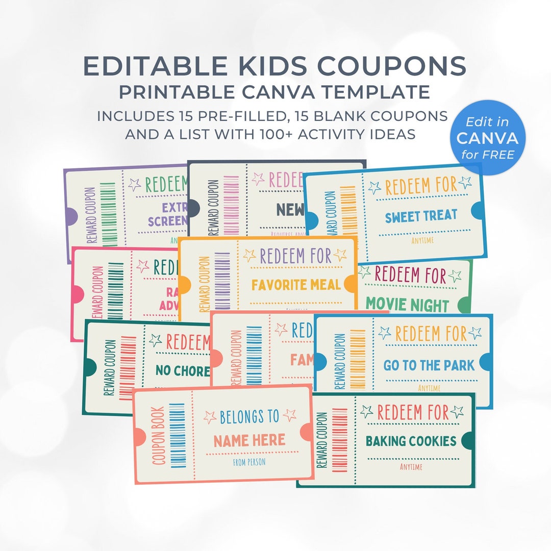 Printable Kids Coupons, Editable Coupon Book, Kids Reward Coupon, Kids ...