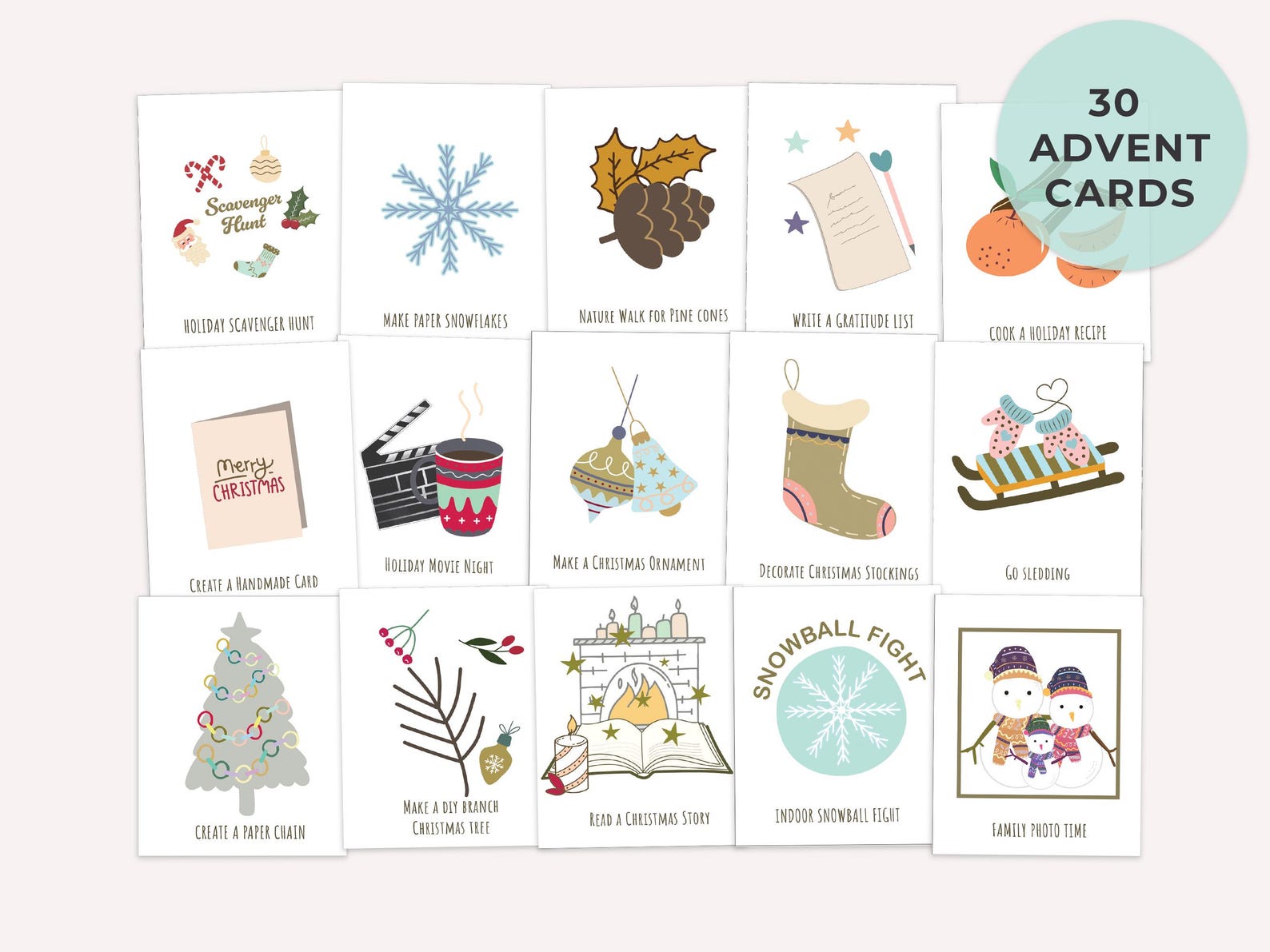 30 Christmas Advent Calendar Activity Cards for Kids, Printable Advent ...