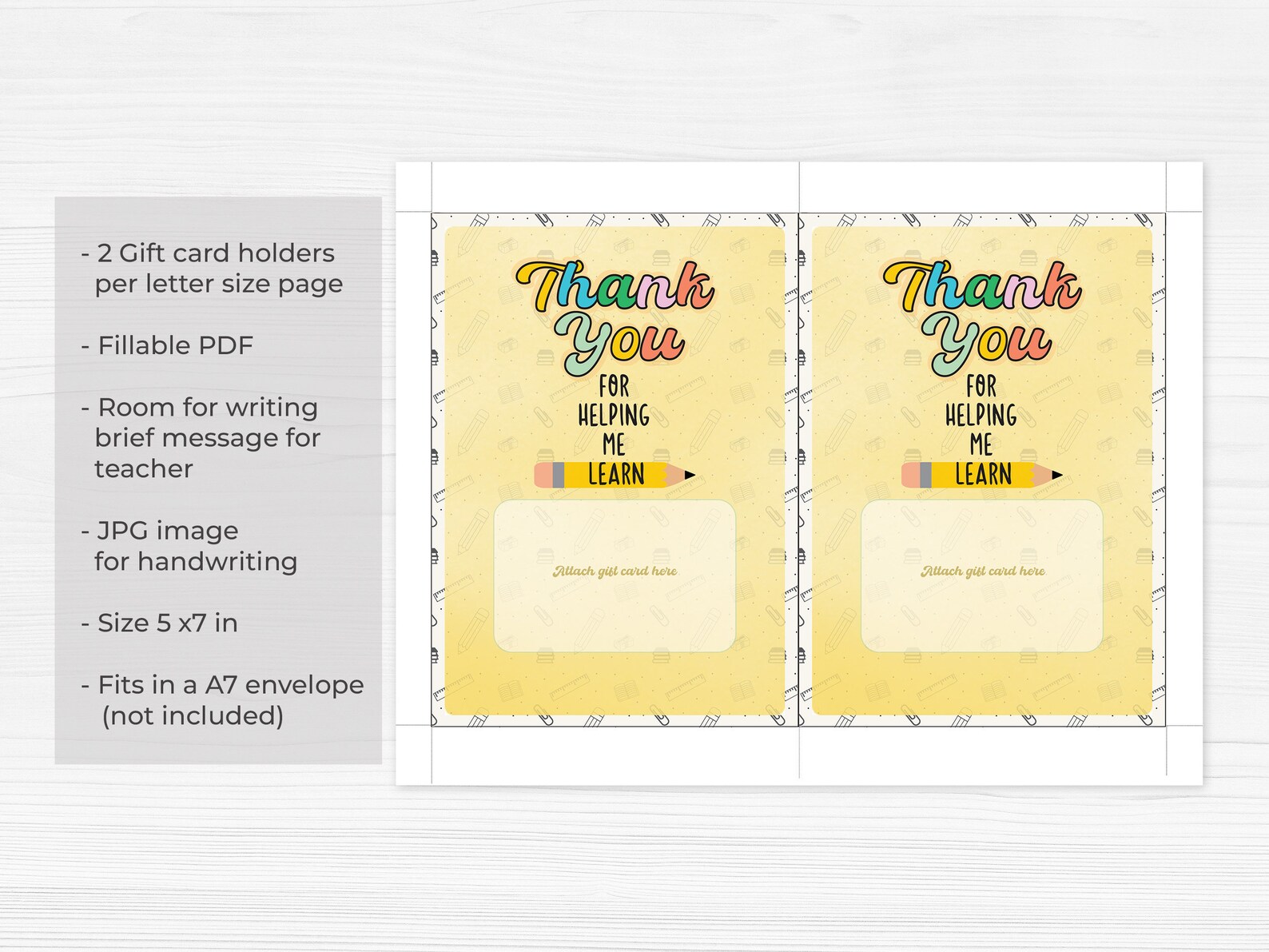 Teacher Appreciation Gift Card Holder Printable, Fillable Thank You ...