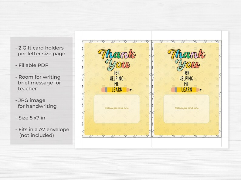 Teacher Appreciation Gift Card Holder Printable, Fillable Thank You ...