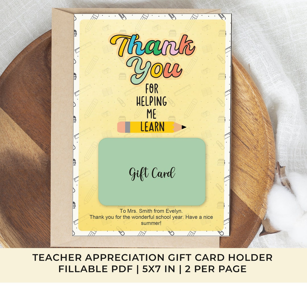 Teacher Appreciation Gift Card Holder Printable, Fillable Thank You ...
