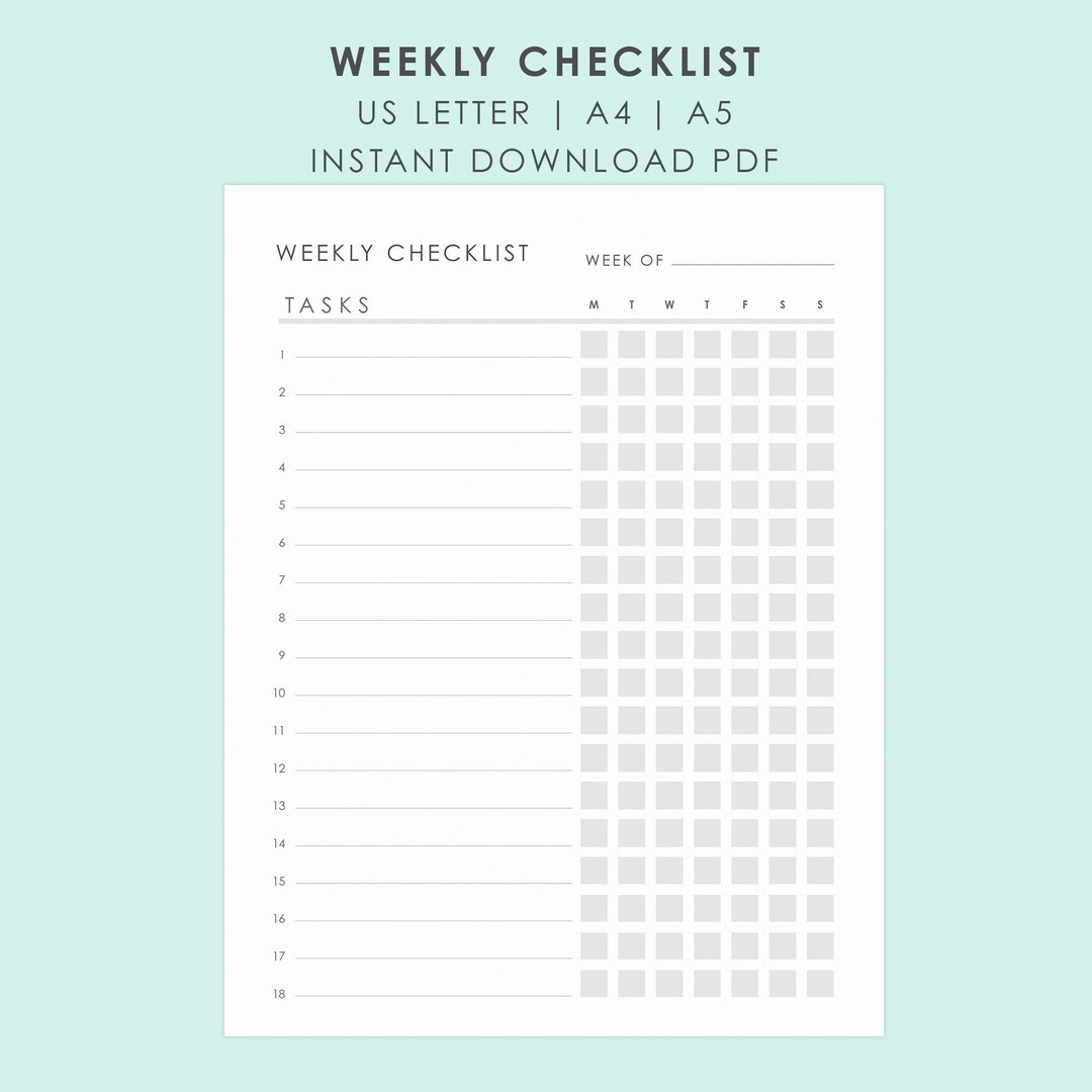 Weekly Checklist Fillable PDF, Weekly Planner, to Do List, US Letter ...