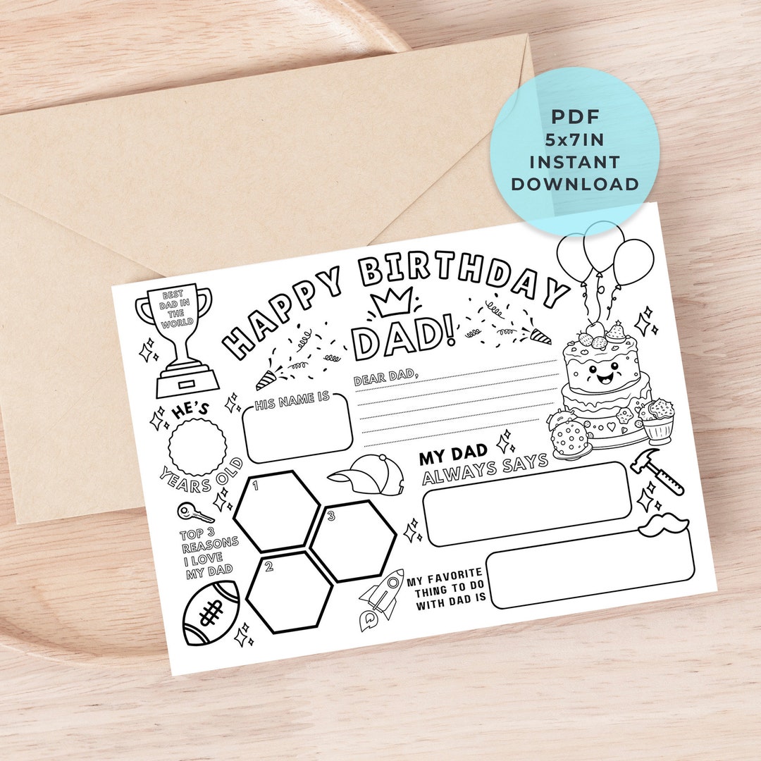 Happy Birthday Dad Coloring Card: DIY Printable Gift (PDF) - Etsy
