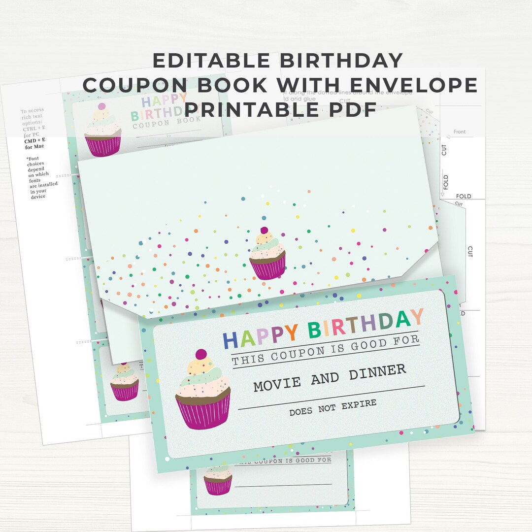 Editable Birthday Coupon Book: Printable Fillable PDF With Envelope ...