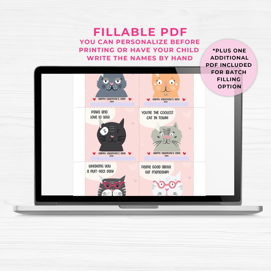 Printable Cat Valentine's Cards for Kids, Treat Tag Set, Fillable ...
