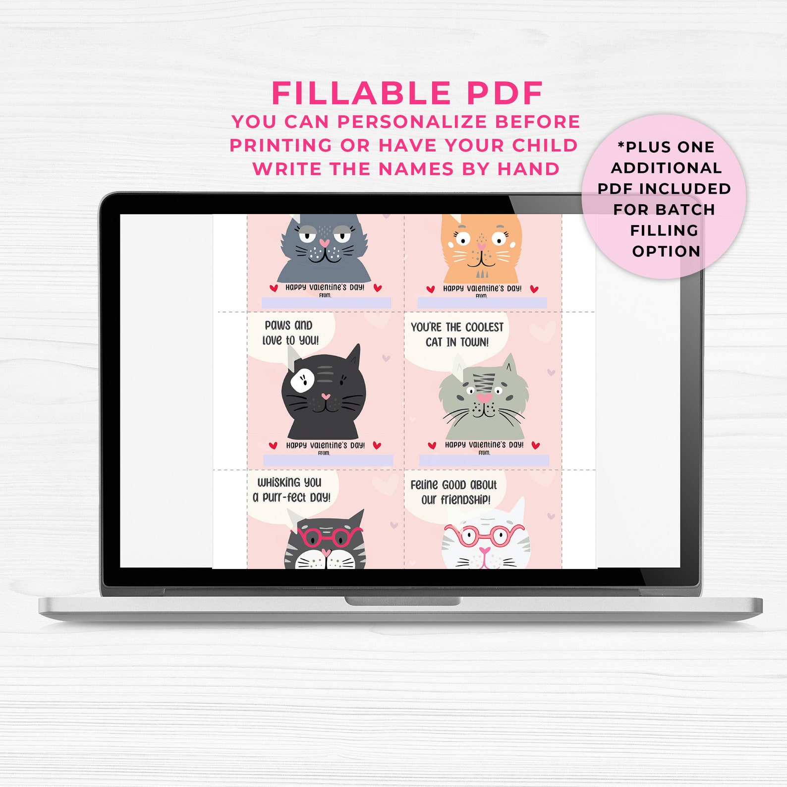 Printable Cat Valentine's Cards for Kids, Treat Tag Set, Fillable ...