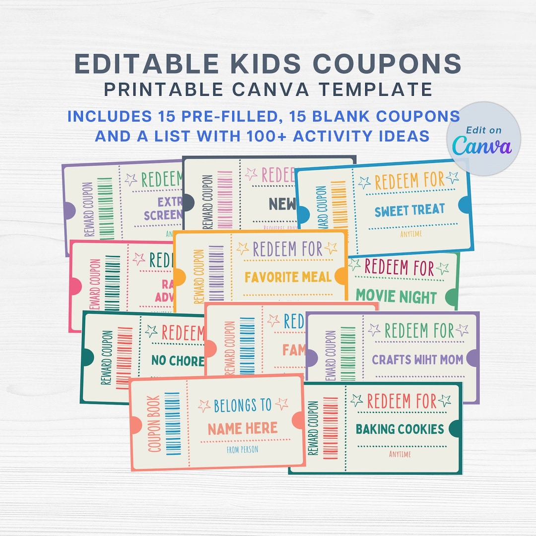 Printable Kids Coupons, Editable Coupon Book, Kids Reward Coupon, Kids ...