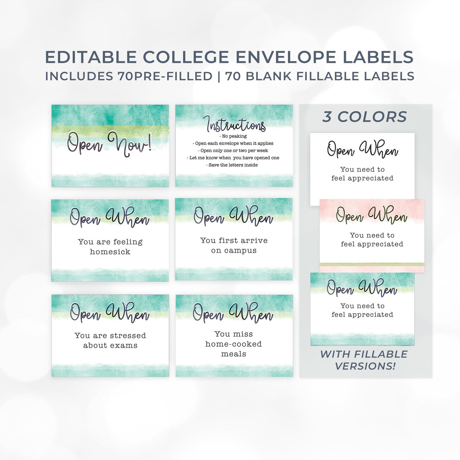 Open When Envelopes for College Students, Fillable Open When Envelope ...