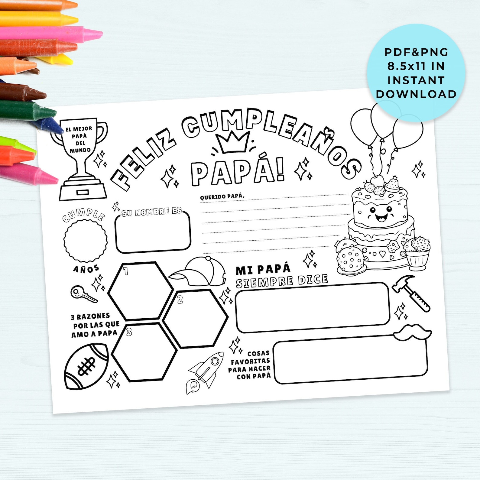 Feliz Cumpleaños Papá Coloring Page: Spanish Birthday Gift (PDF & PNG) - Etsy