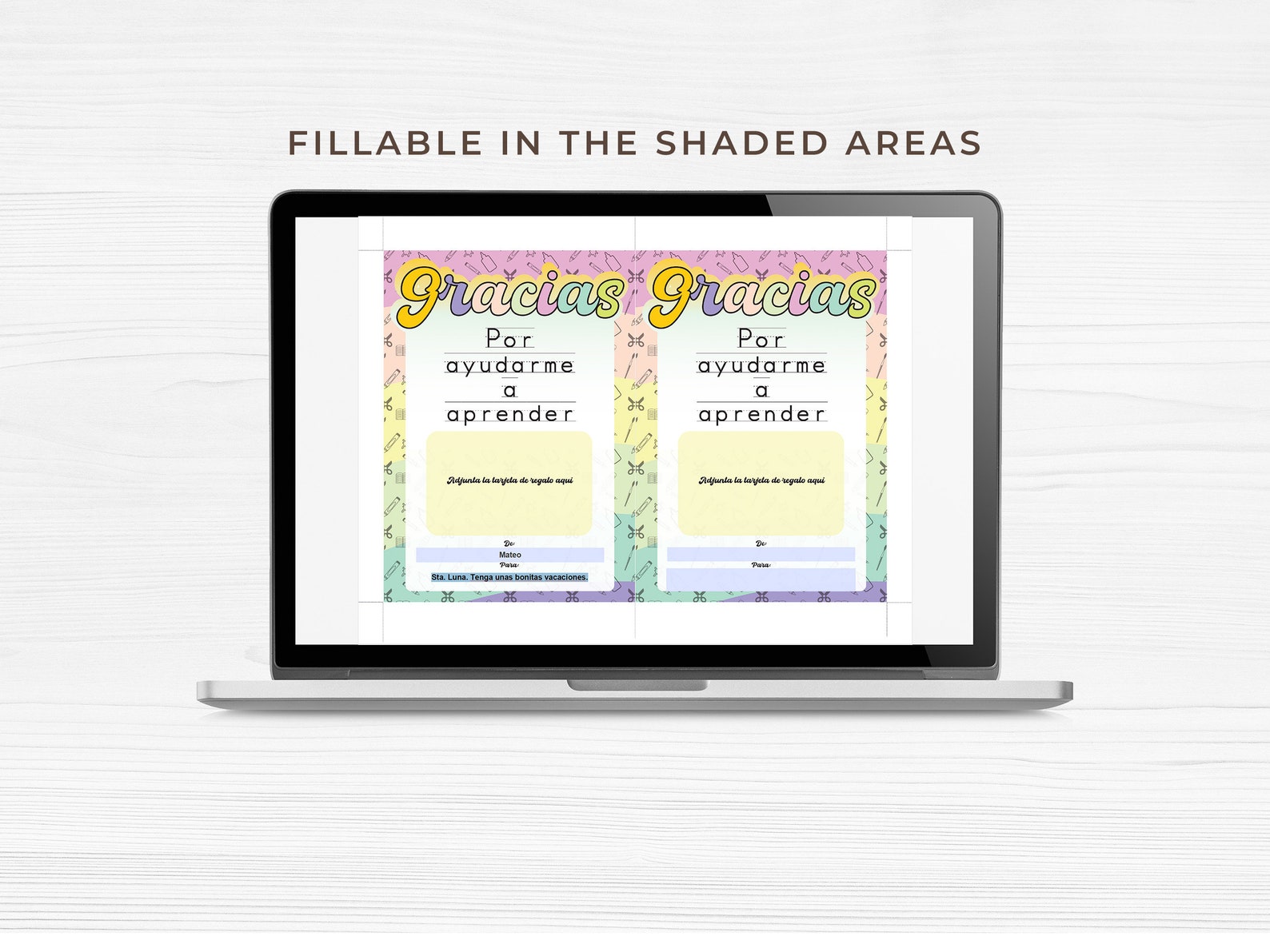 Teacher Appreciation Gift Card Holder in Spanish - Editable, Printable ...