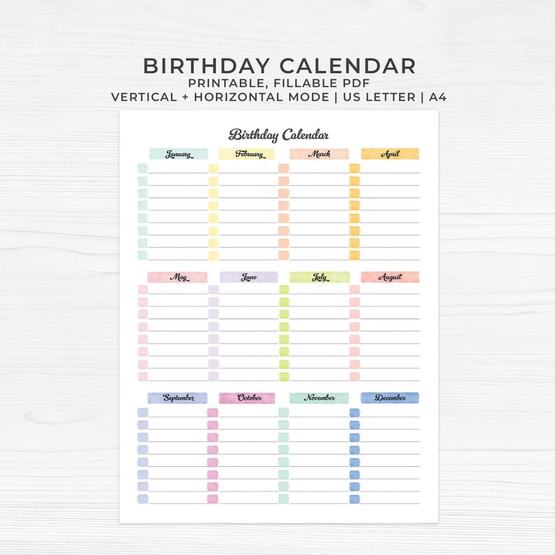 Birthday Calendar Template Printable, Perpetual Birthday Calendar ...
