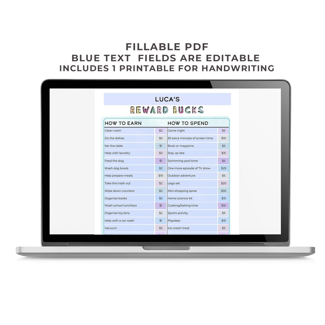 Editable Kids Rewards Bucks With Chore Chart, Editable Play Money ...