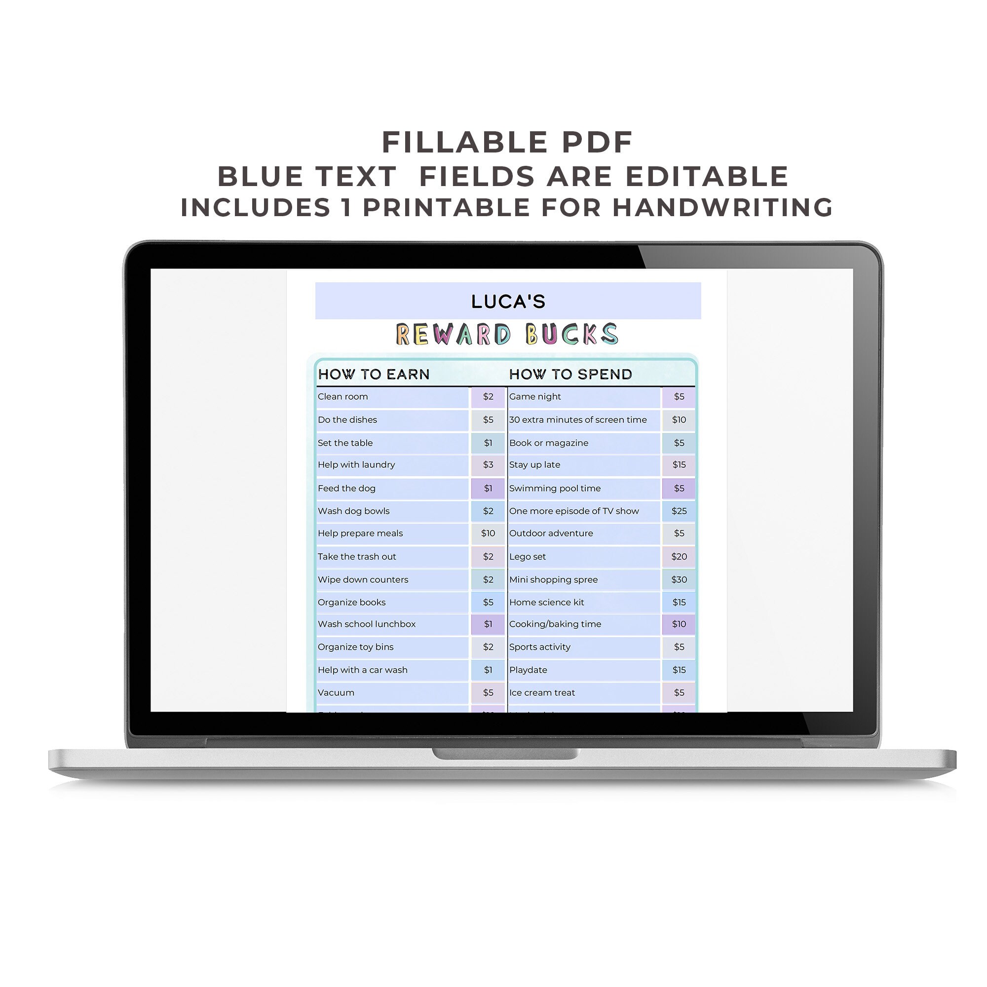 Editable Kids Rewards Bucks With Chore Chart, Editable Play Money ...