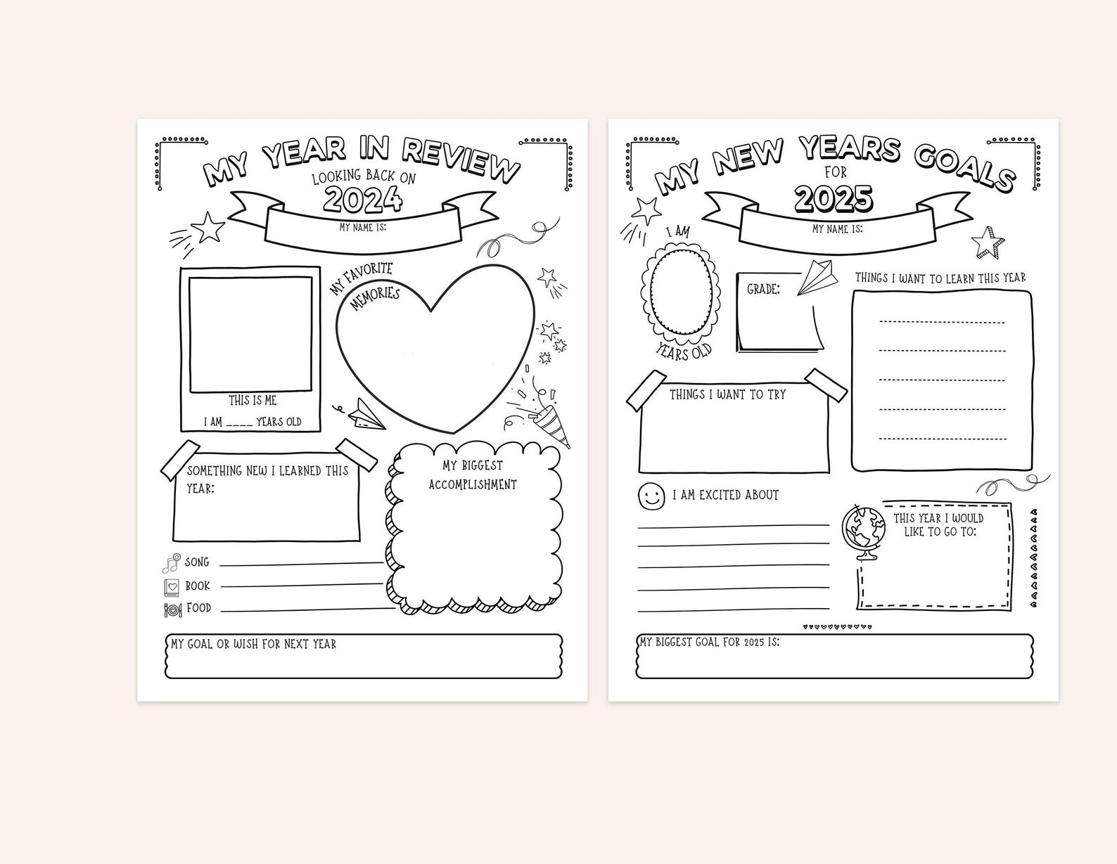 2025 New Years Goals Activity Page for Kids Printable, Year in Review ...